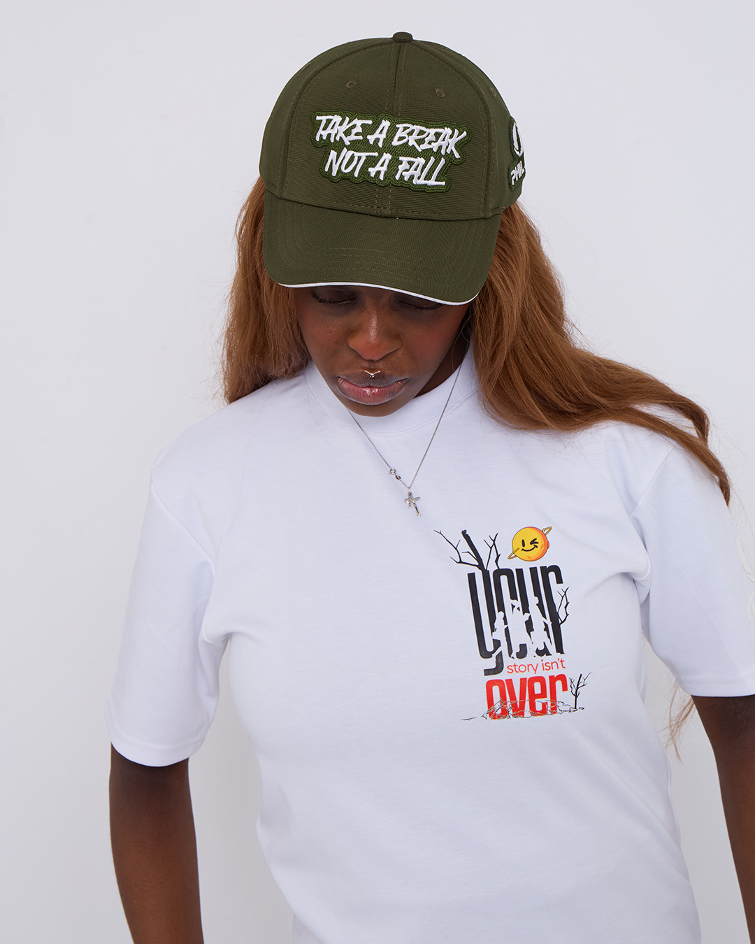 Olive green cap with "Take a Break, Not a Fall" embroidered in white ...